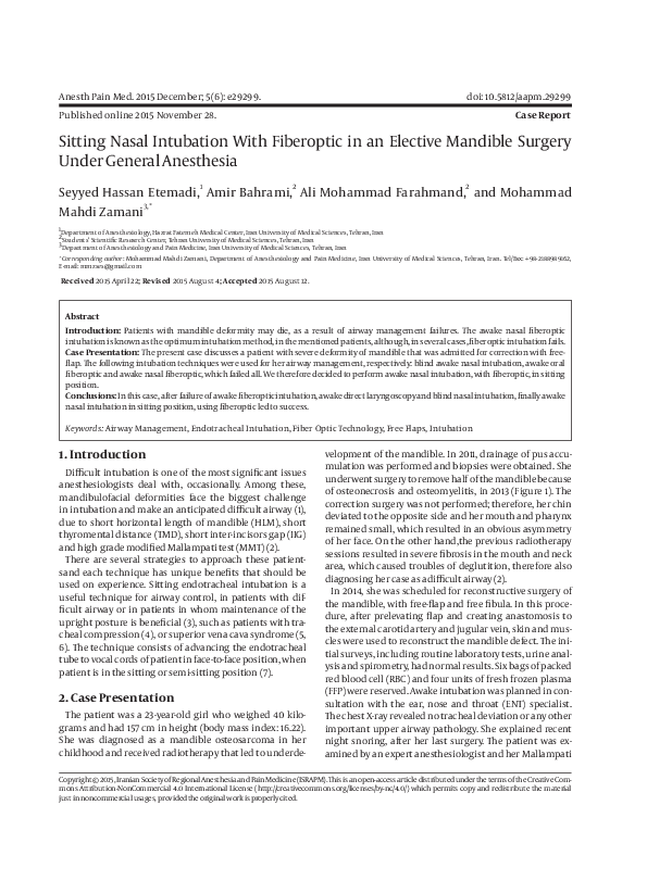 (PDF) Sitting Nasal Intubation With Fiberoptic in an Elective Mandible ...