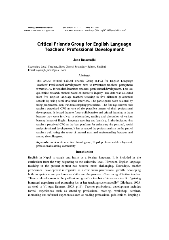 (PDF) Critical Friends Group for English Language Teachers ...