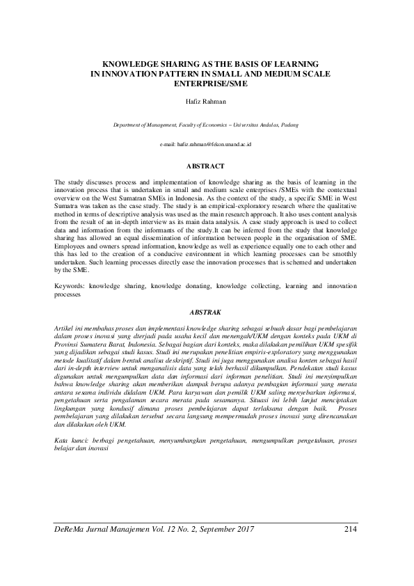 (PDF) Knowledge Sharing as the Basis of Learning in Innovation Pattern in Small and Medium Scale ...
