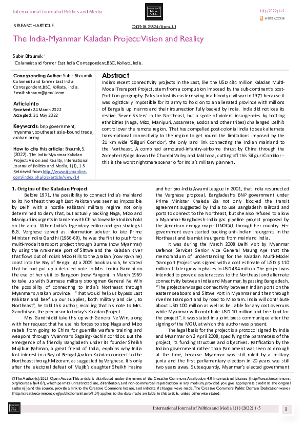 (PDF) The India-Myanmar Kaladan Project: Vision and Reality