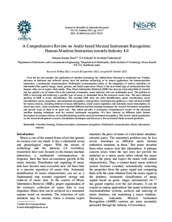 Pdf A Comprehensive Review On Audio Based Musical Instrument Recognition Human Machine