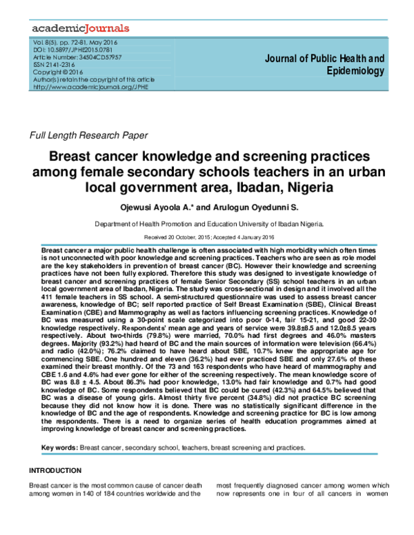 (PDF) Breast Cancer Knowledge and Screening Practice and Barriers Among Women in Madinah, Saudi ...