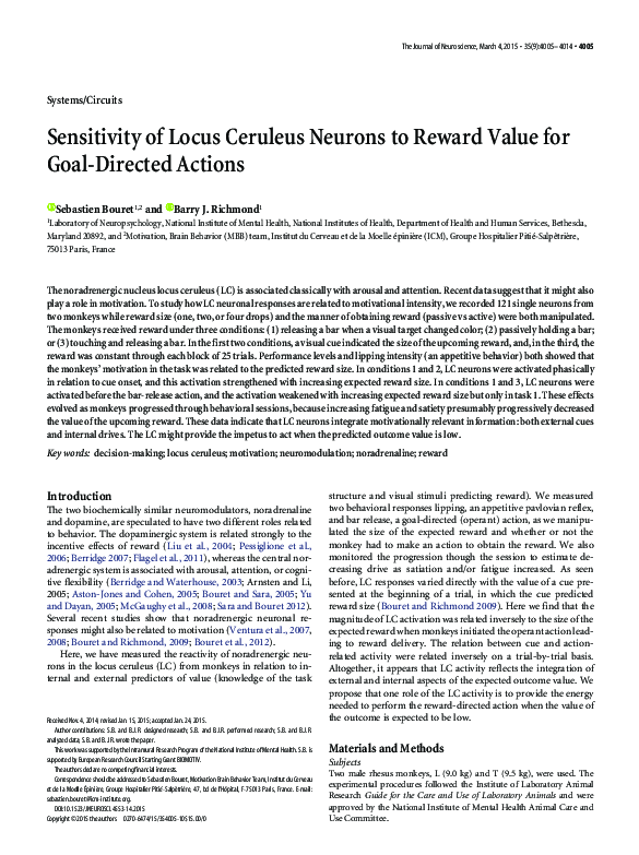 (PDF) Sensitivity of Locus Ceruleus Neurons to Reward Value for Goal-Directed Actions