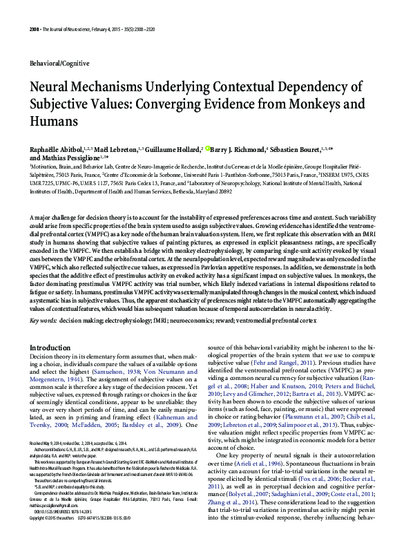 (PDF) Neural mechanisms underlying contextual dependency of subjective values: converging ...