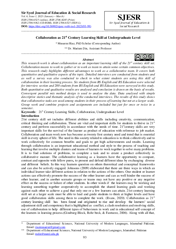 (PDF) Collaboration as 21st Century Learning Skill at Undergraduate Level