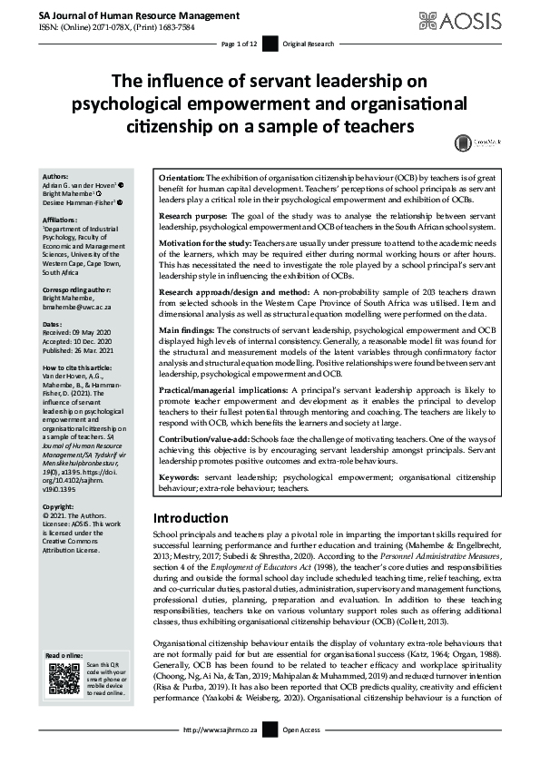 (PDF) The influence of servant leadership on psychological empowerment ...