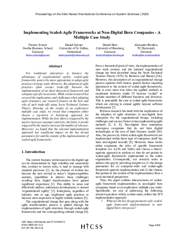 (PDF) Implementing Scaled-Agile Frameworks at Non-Digital Born Companies - A Multiple Case Study