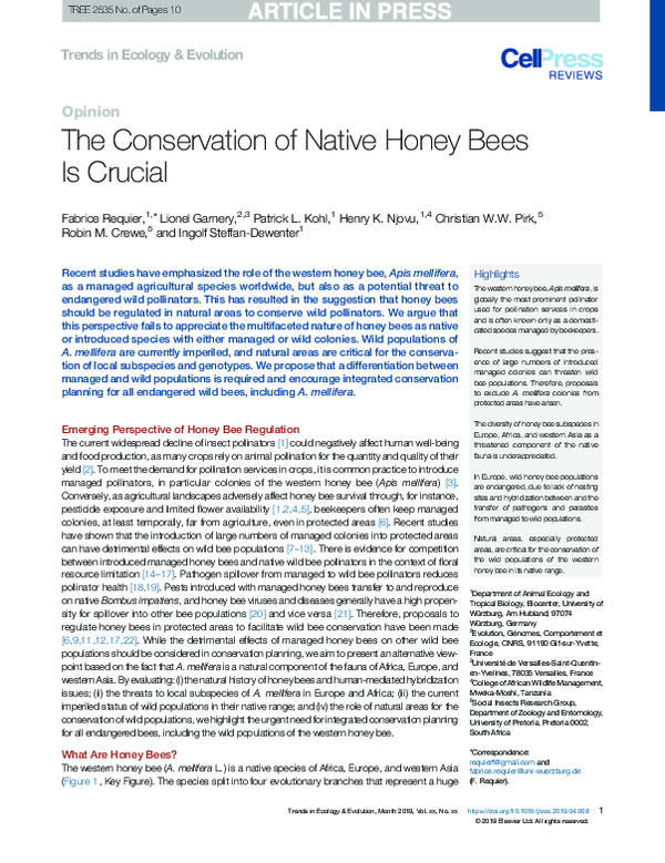 (PDF) The Conservation of Native Honey Bees Is Crucial