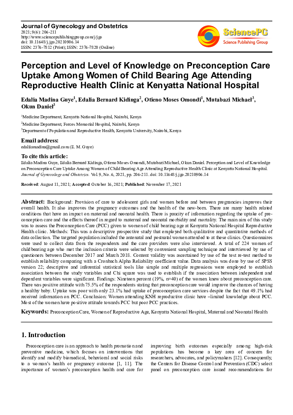 (PDF) Perception and Level of Knowledge on Preconception Care Uptake ...