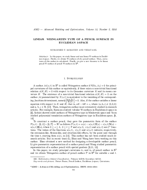 (PDF) Linear Weingarten Type of a Pencil Surface in Euclidean 3-SPACE