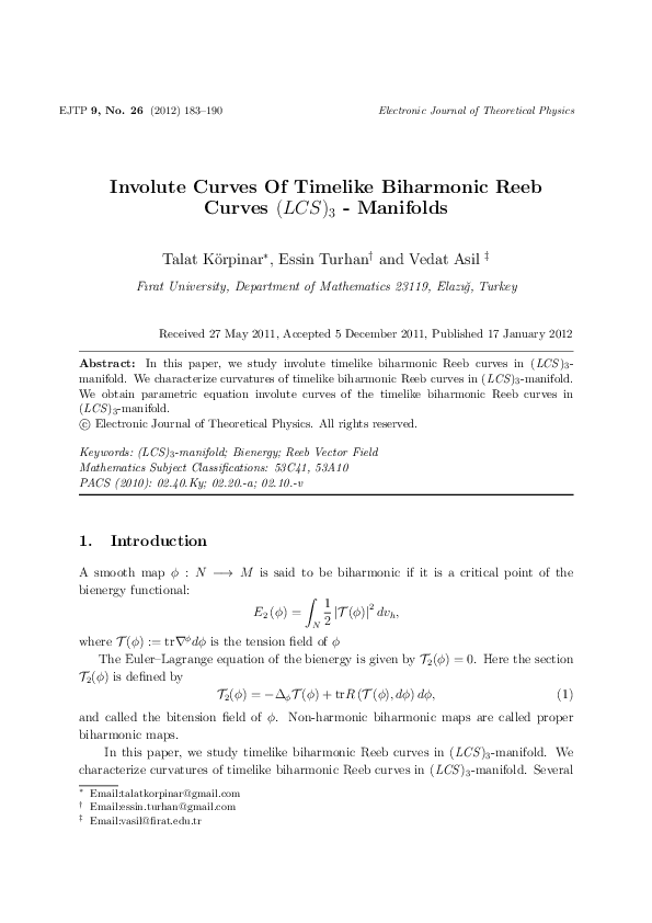 (PDF) Involute Curves Of Timelike Biharmonic Reeb Curves (LCS)3-Manifolds