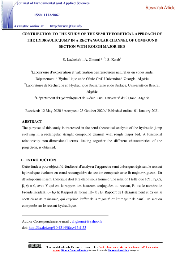 (PDF) Contribution to the Study of the Semi Theoretical Approach of the Hydraulic Jump in a ...
