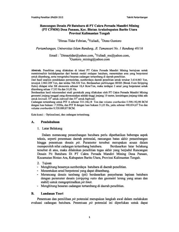 (PDF) Rancangan Desain Pit Batubara DI PT Cakra Persada Mandiri Mining (PT CPMM) Desa Panaan ...