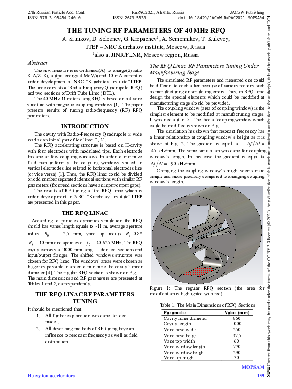 (PDF) The Tuning of RF Parameters of 40 MHz RFQ