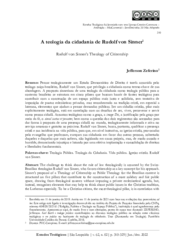 (PDF) Jefferson Zeferino: A teologia da cidadania de Rudolf von Sinner