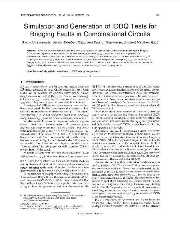 Pdf Simulation And Generation Of Iddq Tests For Bridging Faults In Combinational Circuits