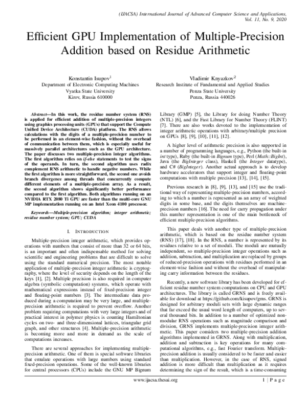 Pdf Efficient Gpu Implementation Of Multiple Precision Addition Based 6489