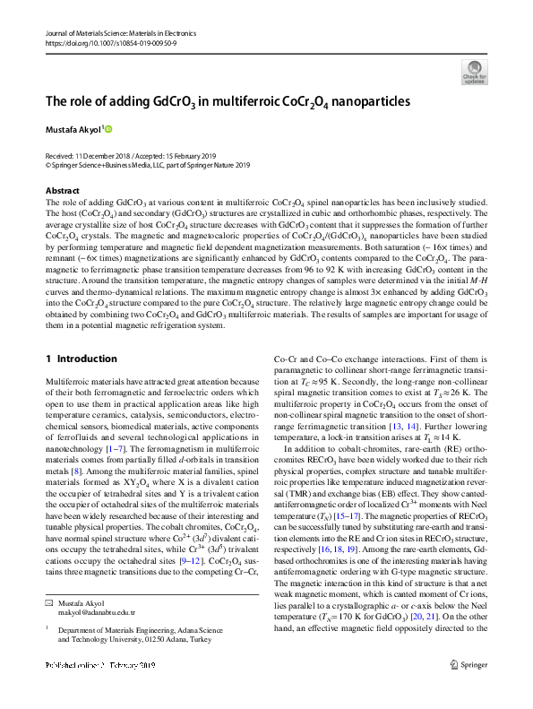 (PDF) The role of adding GdCrO3 in multiferroic CoCr2O4 nanoparticles
