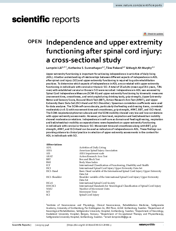 (PDF) Independence and upper extremity functioning after spinal cord injury: a cross-sectional study