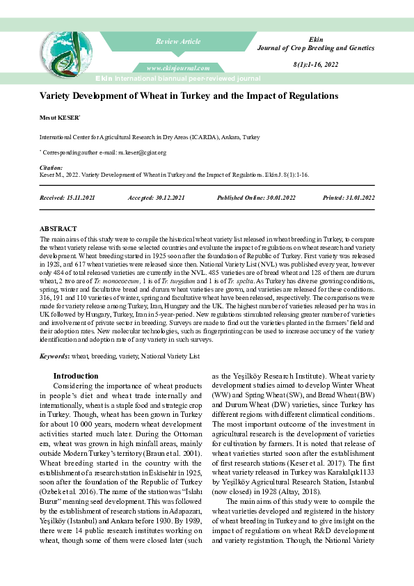 (PDF) Variety Development of Wheat in Turkey and the Impact of Regulations