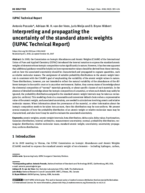 (PDF) Interpreting and propagating the uncertainty of the standard atomic weights (IUPAC ...