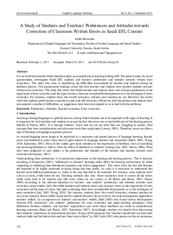 (PDF) A Study of Students and Teachers' Preferences and Attitudes towards Correction of ...