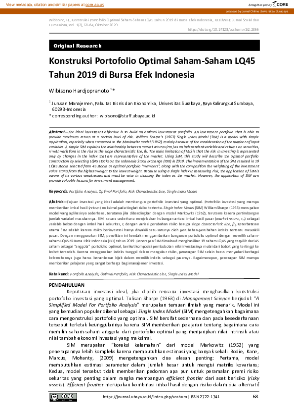 (PDF) Metode Penentuan Portofolio Optimal Menggunakan Model Indeks ...