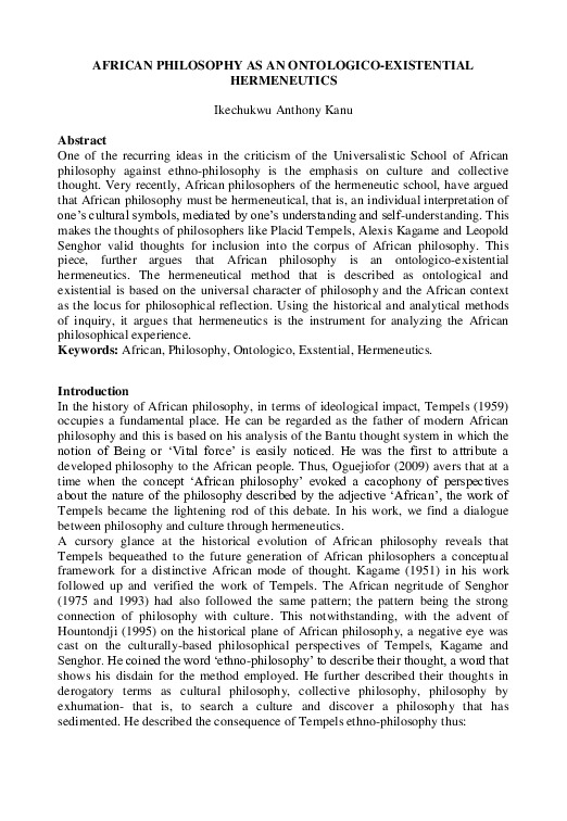 (PDF) African Philosophy As An Ontologico-Existential Hermeneutics