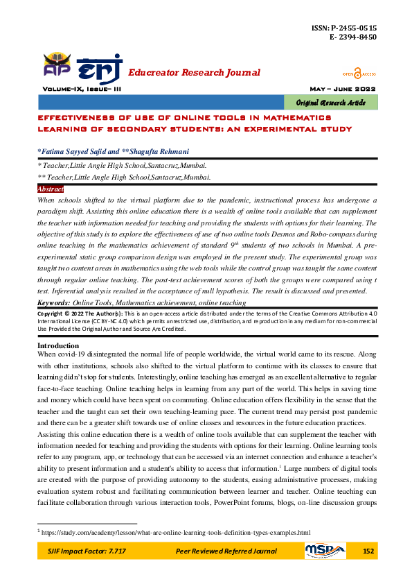 (PDF) Effectiveness of Use of Online Tools in Mathematics Learning Of ...