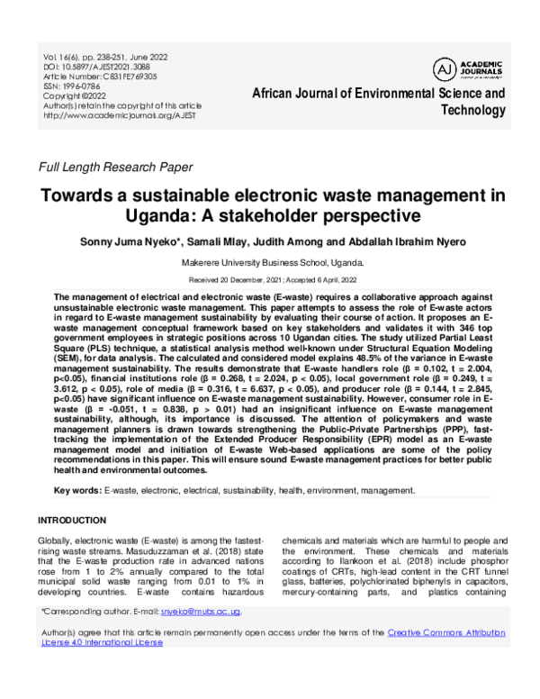 (PDF) Towards a sustainable electronic waste management in Uganda: A stakeholder perspective