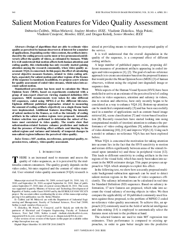 (PDF) Salient Motion Features for Video Quality Assessment