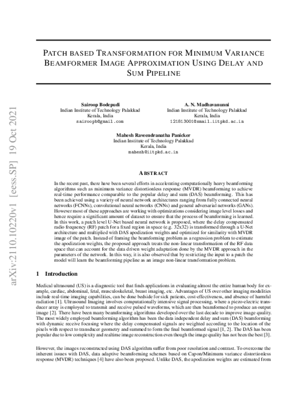 Pdf Patch Based Transformation For Minimum Variance Beamformer Image Approximation Using Delay