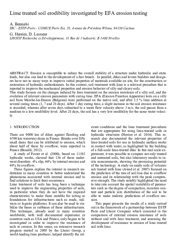 (PDF) Lime treated soil erodibility investigated by EFA erosion testing