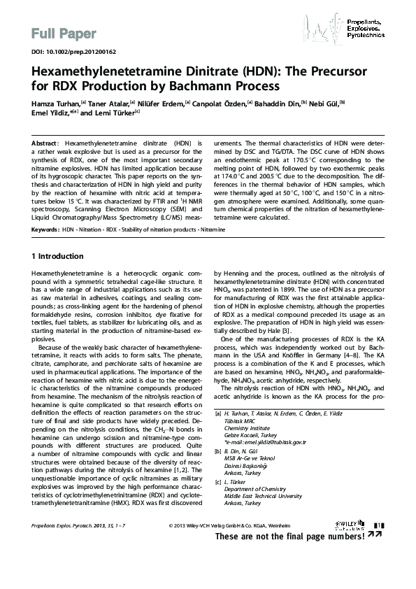 (PDF) Hexamethylenetetramine Dinitrate (HDN): The Precursor for RDX ...