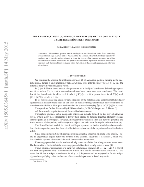 (PDF) The Existence and location of eigenvalues of the one particle Hamiltonians on lattices