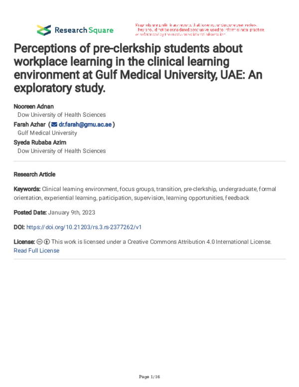 (PDF) Perceptions of pre-clerkship students about workplace learning in ...