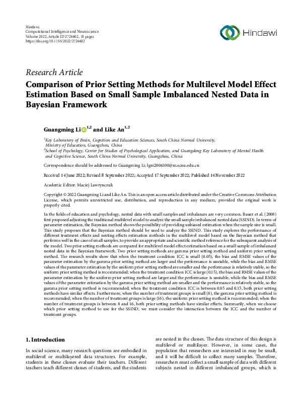Pdf Comparison Of Prior Setting Methods For Multilevel Model Effect Estimation Based On Small
