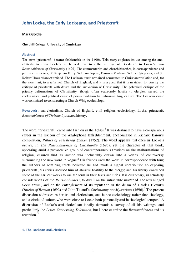 (PDF) John Locke, the early Lockeans, and priestcraft