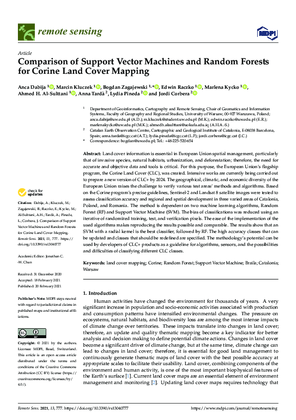 (PDF) Comparison of Support Vector Machines and Random Forests for Corine Land Cover Mapping