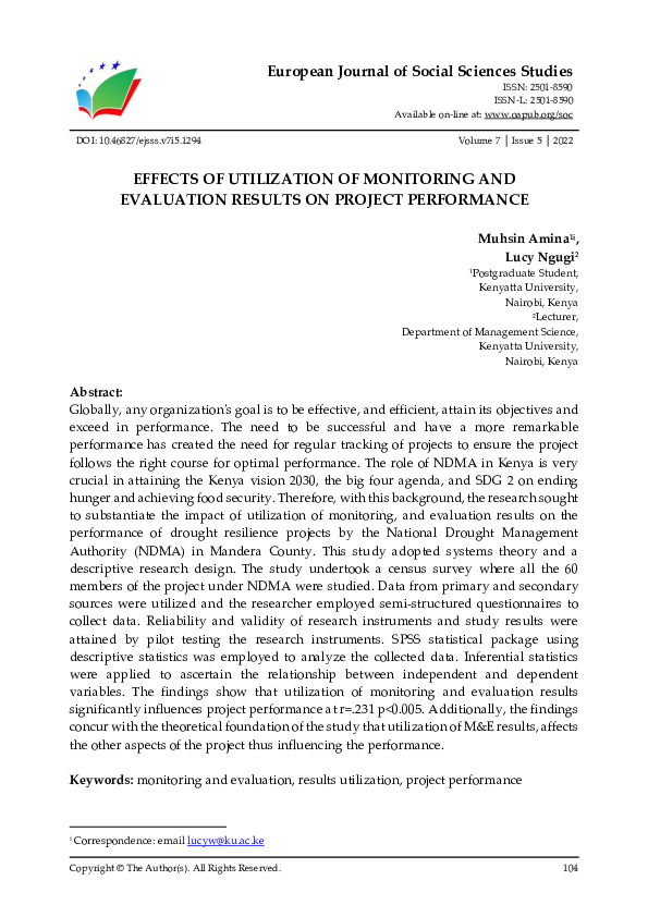 (PDF) Effects of Utilization of Monitoring and Evaluation Results on Project Performance