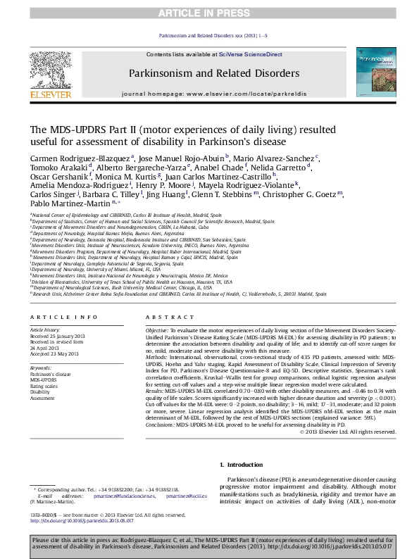 (PDF) The MDS-UPDRS Part II (motor experiences of daily living ...