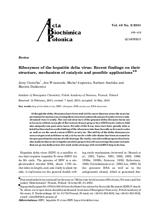 (PDF) Ribozymes of the hep a ti tis delta vi rus: Re cent find ings on ...