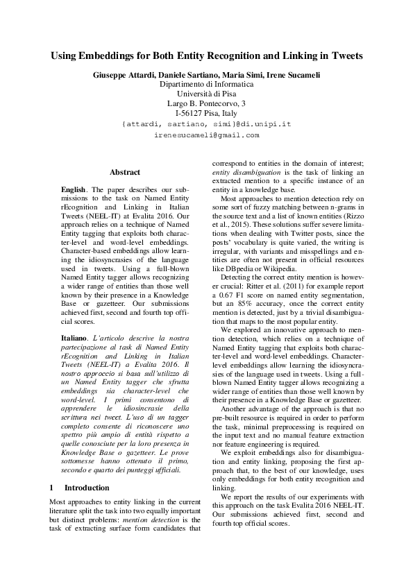 Pdf Using Embeddings For Both Entity Recognition And Linking In Tweets