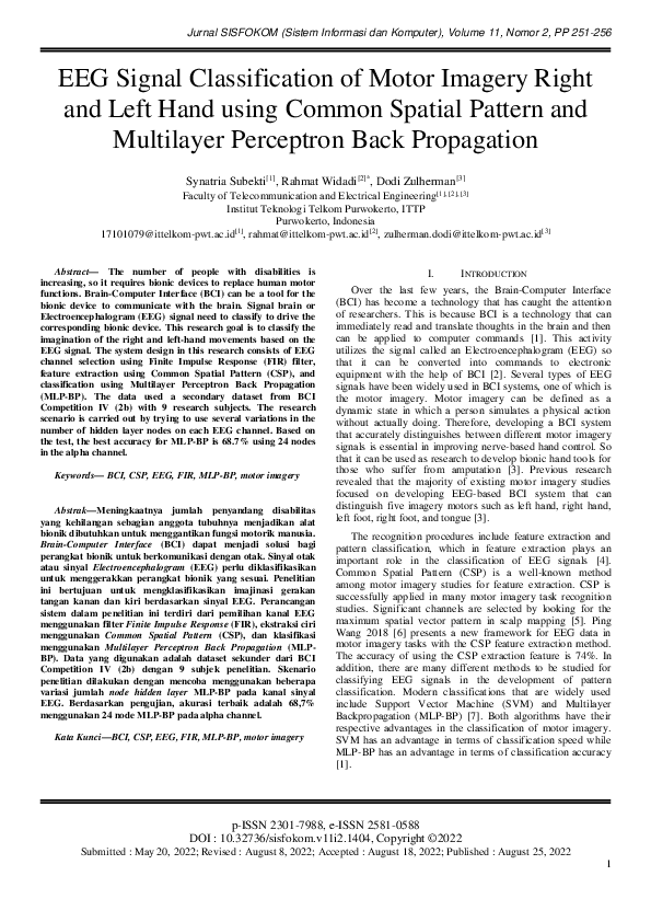 (PDF) EEG Signal Classification of Motor Imagery Right and Left Hand using Common Spatial ...