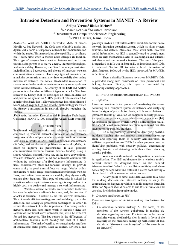 (PDF) Intrusion Detection and Prevention Systems in MANET-A Review