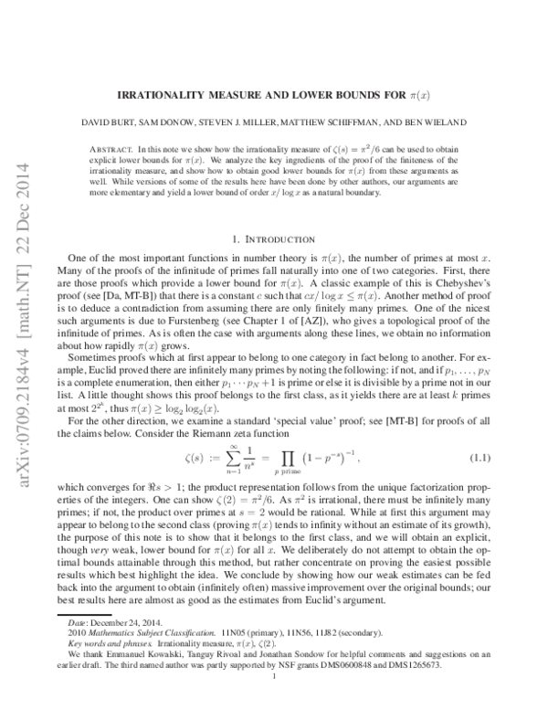 (PDF) Irrationality measure and lower bounds for pi (x)