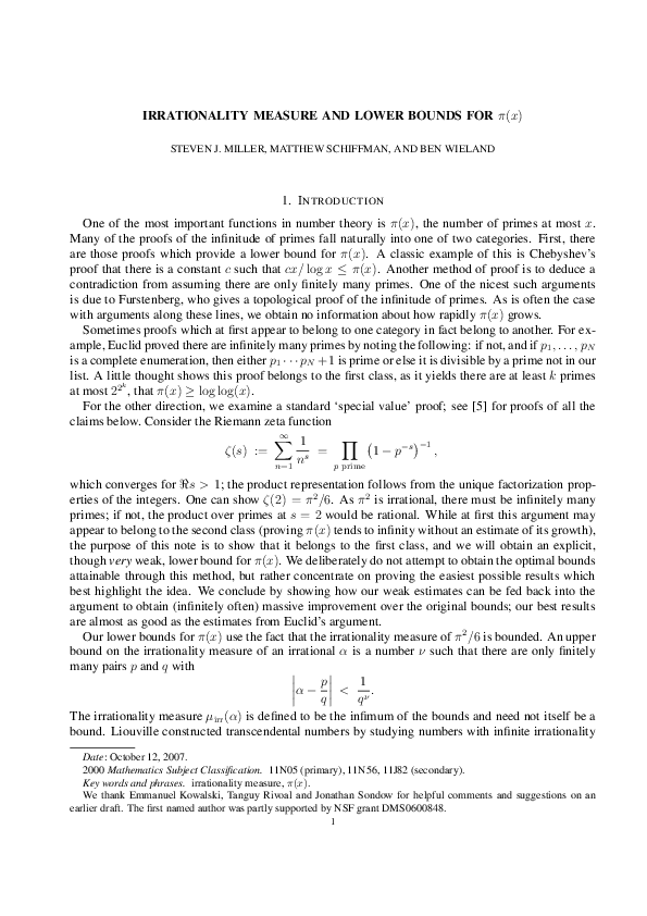 (PDF) Irrationality measure and lower bounds for π(x
