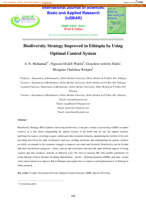 (PDF) Biodiversity Strategy Improved in Ethiopia by Using Optimal Control System