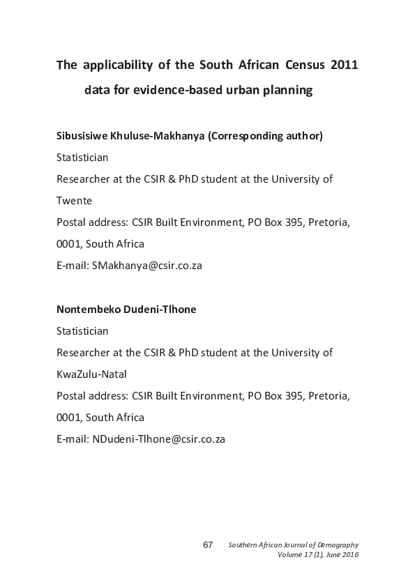 (PDF) The applicability of the South African census 2011 data for evidence-based urban planning