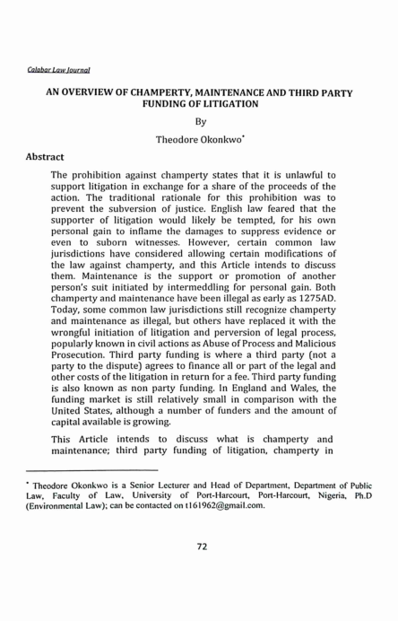 (PDF) AN OVERVIEW OF CHAMPERTY, MAINTENANCE AND THIRD PARTY FUNDING OF ...